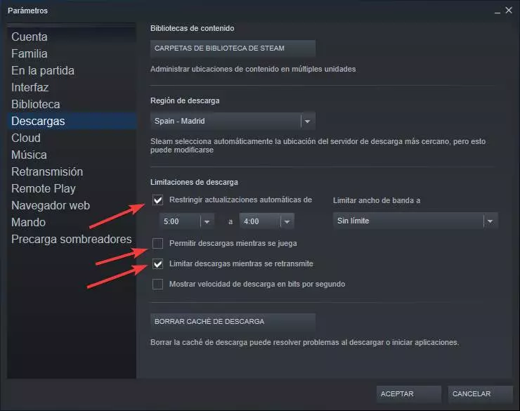 إعدادات Steam - تقييد التحديثات التلقائية