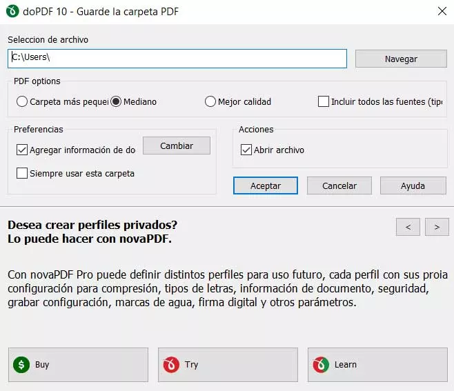 Finestra configuració dopdf Word