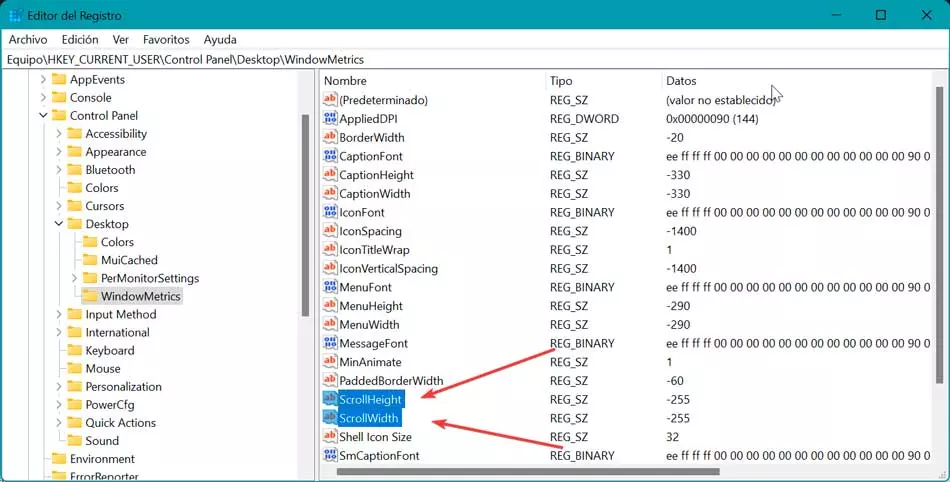 ScrollHeight és ScrollWidth értékek a Rendszerleíróadatbázis-szerkesztőben