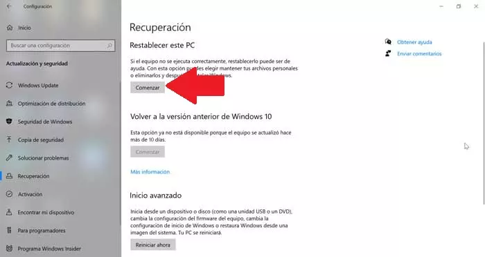 Restablece este PC en Windows 10