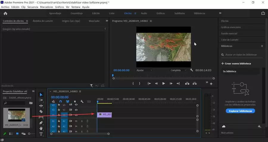 Adobe Premiere Pro aldonu importitan videon al templinio