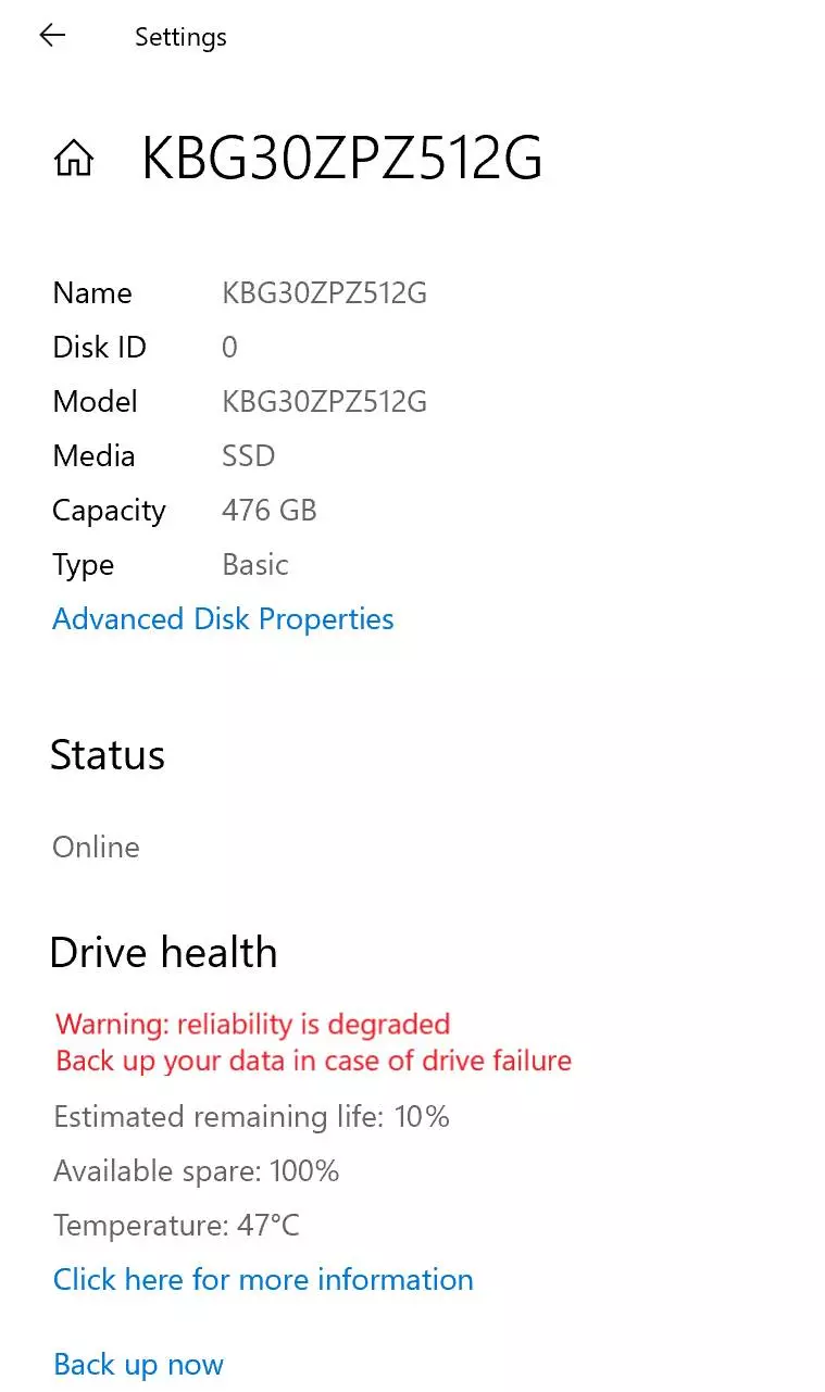 Windows 10 mbangun 20226 - setelan kesehatan hard drive SSD