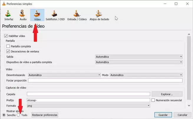 Preferencias simples de VLC e vídeo