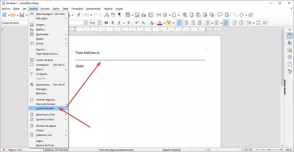Voeg horisontale lyn LibreOffice Writer by
