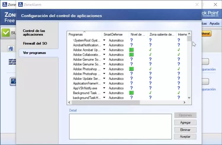 Configurações de controle do aplicativo ZoneAlarm Antivirus