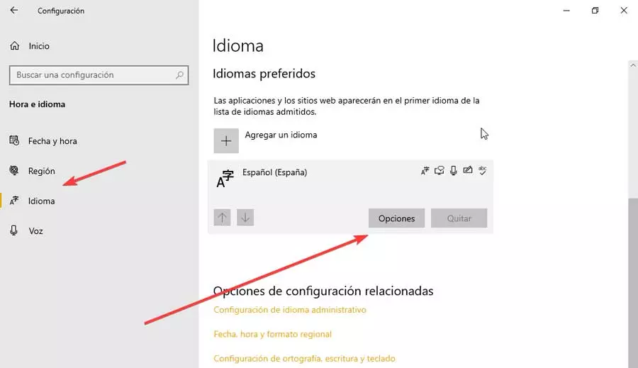 Idioma e opcións de Windows 10