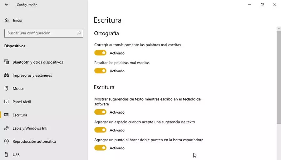 Opcións de escritura en Windows 10