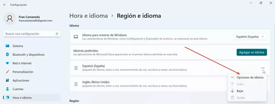 Opcións de idioma en Windows 11