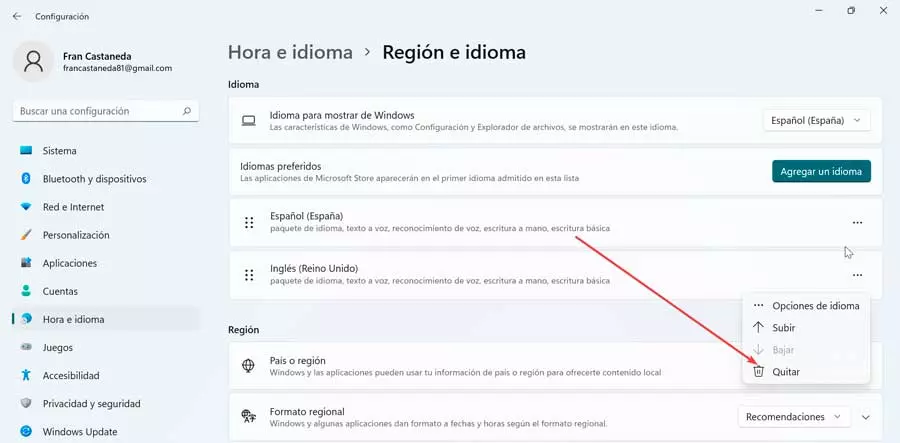 Eliminar un idioma en Windows 11