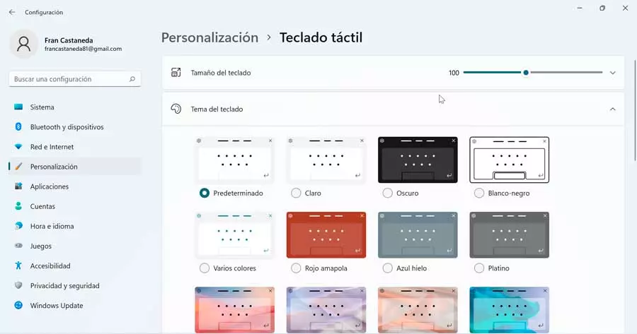 Personalización do teclado táctil de Windows 11