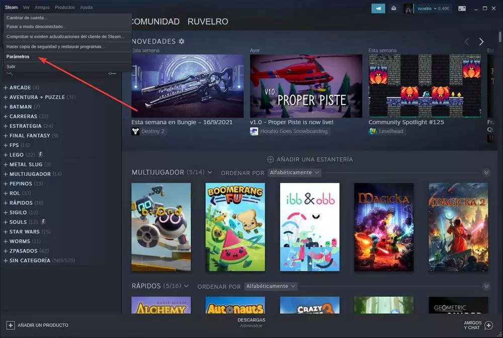 Steam параметрүүдийг нээнэ үү