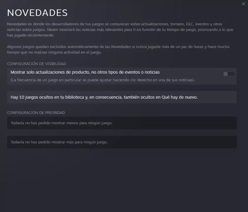 Canviar ajustaments novetats Steam