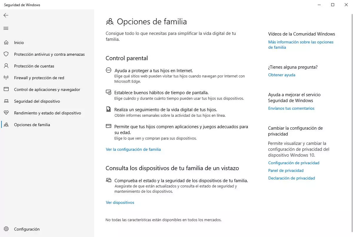 Opções da família Windows Defender