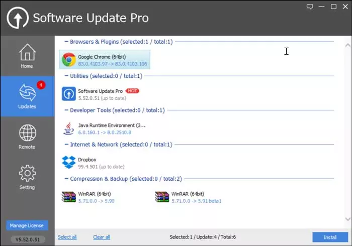 Glary Software Update Pro versijos meniu