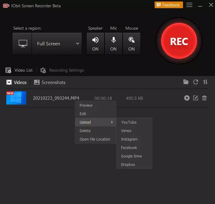 IObit Screen Recorder przesyła wideo do sieci społecznościowych