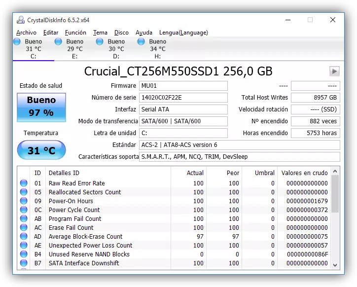 CrystalDiskInfo - SSD ڈرائیو کی حیثیت