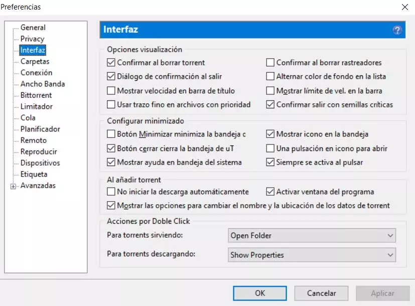 Interfejs opcji uTorrent