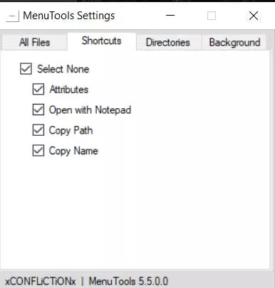 MenuTools özelleştirme seçenekleri