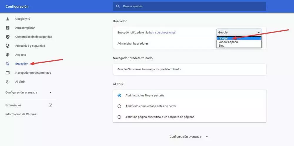 Usa Google como motor de busca predeterminado en Chrome