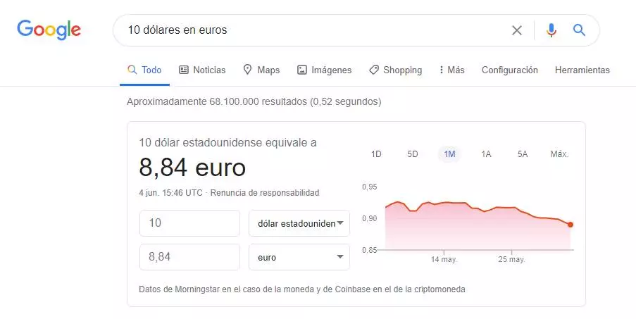 Dollars rau euro los ntawm Google