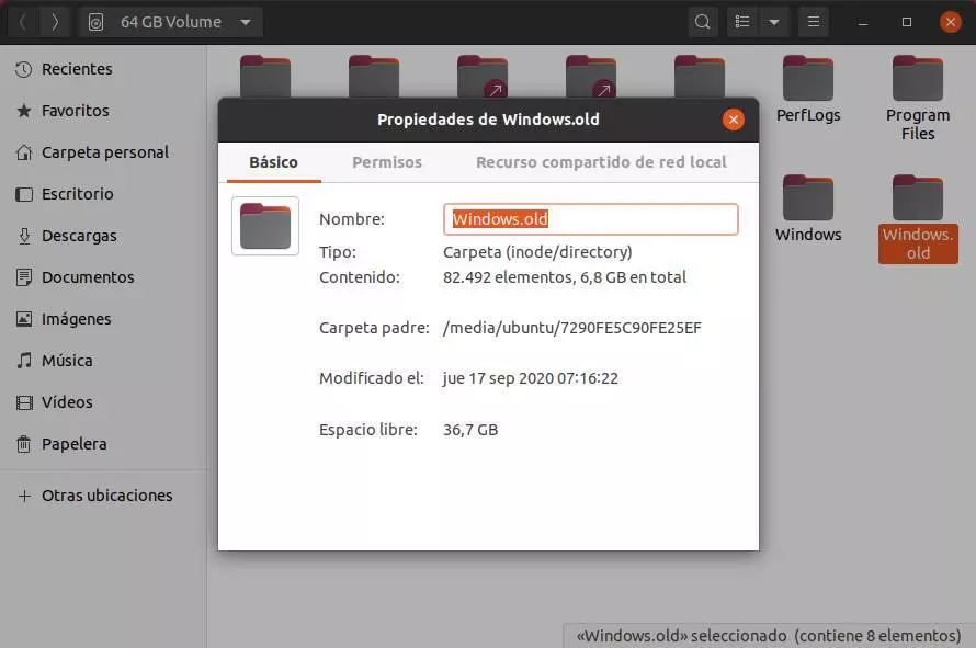 Windows eski Ubuntu klasör özellikleri