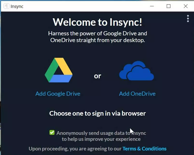 Insync додати обліковий запис google або onedrive