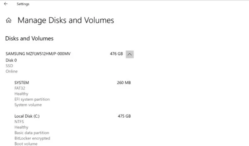 менеҷери диск Windows 10 21h1