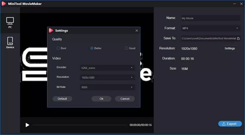 Kodeko kaj altnivelaj opcioj de eksporto de video kun MiniTool MovieMaker