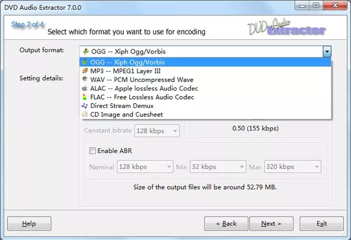 DVD Audio Extractor çykyş formatyny saýlaň