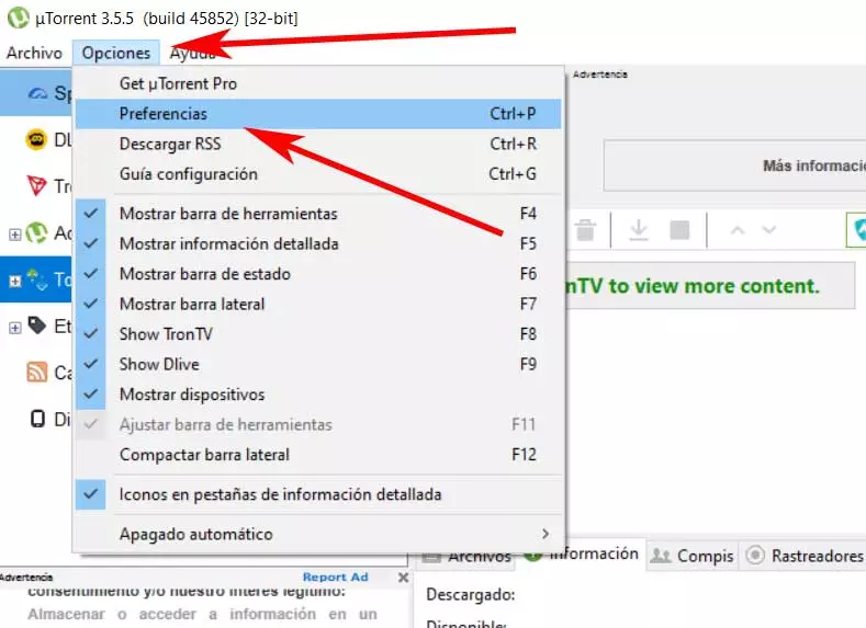 menú de opcións de utorrent