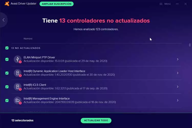 Avast Driver Updater lista ažuriranih drajvera