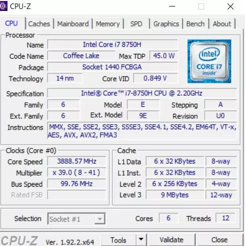 CPU Z انٹرفیس