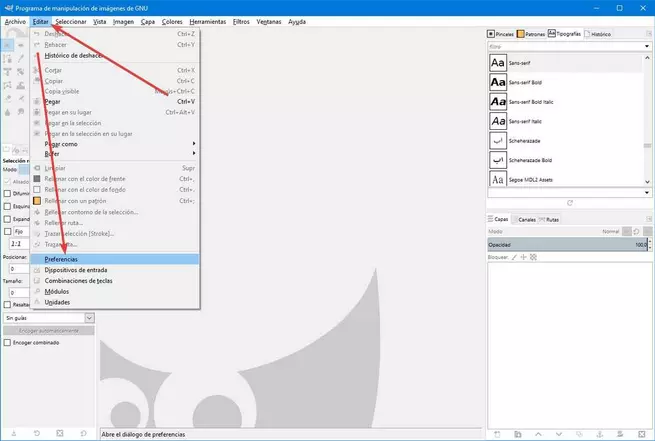 Բացեք GIMP Preferences-ը