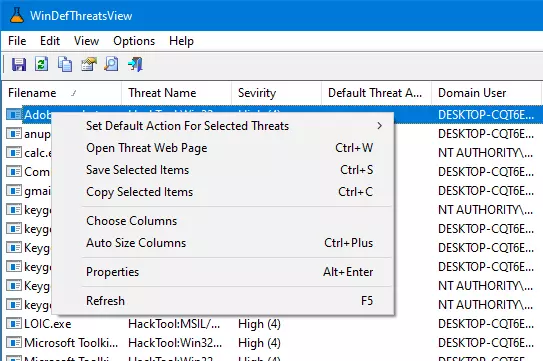 WinDefThreatsView - kontekstmenu