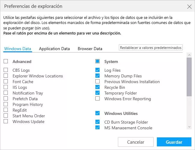 Ndërfaqja SlimCleaner Preferencat e skanimit të Windows