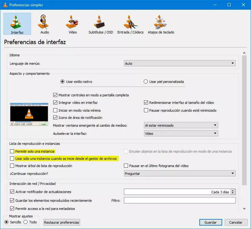 Předvolby instance VLC