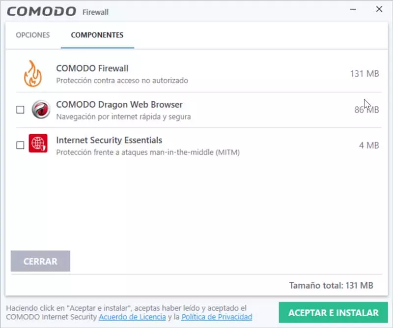 مكونات تثبيت جدار الحماية COMODO