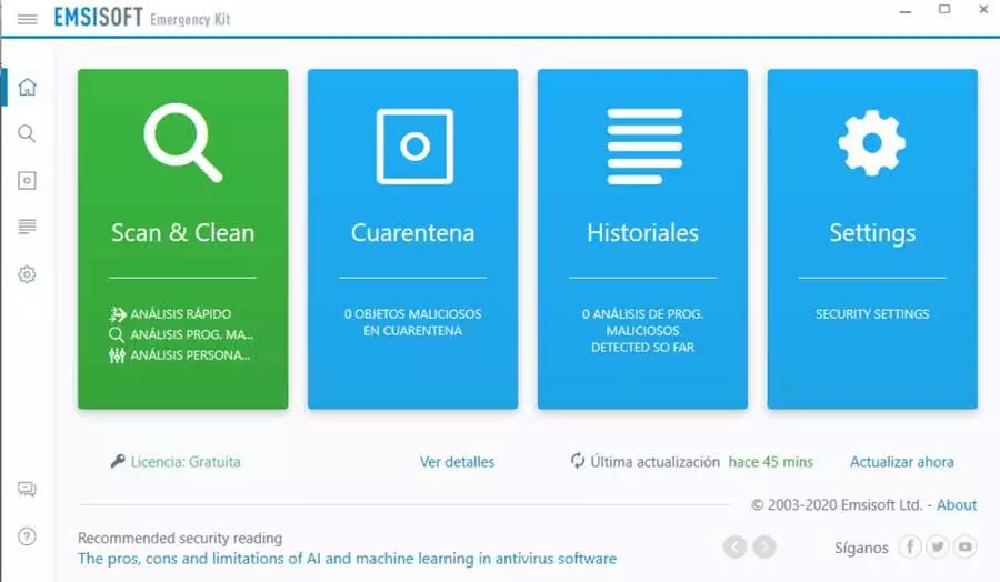 Interfaco de Emsisoft Emergency Kit