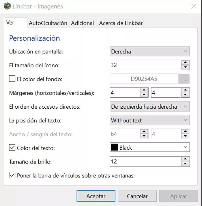 Vista de configuración da barra de ligazóns