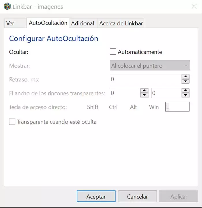 Configuración da barra de ligazóns Ocultar automaticamente