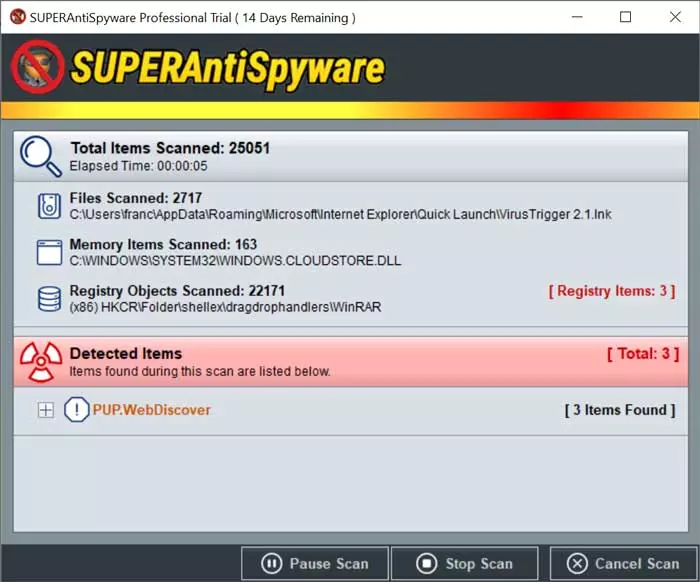 SUPERAntiSpyware nuskaitymas