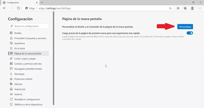 Edge personalizza nuova scheda