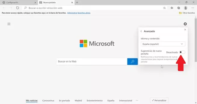 Edge disabilita il suggerimento di una nuova scheda