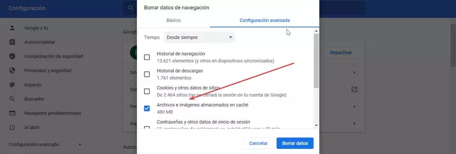 Borrar ficheiros e imaxes almacenados na caché en Chrome