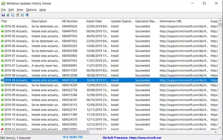 Interfaz do visor de historial de actualizacións de Windows