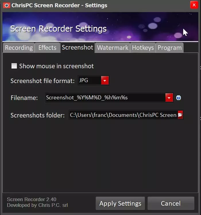 Напредни поставки на ChrisPC Screen Recorder