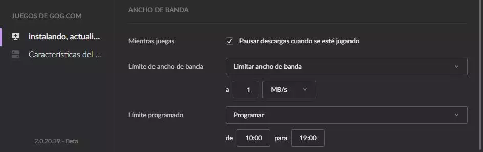 Limita o ancho de banda para descargar xogos de GOG