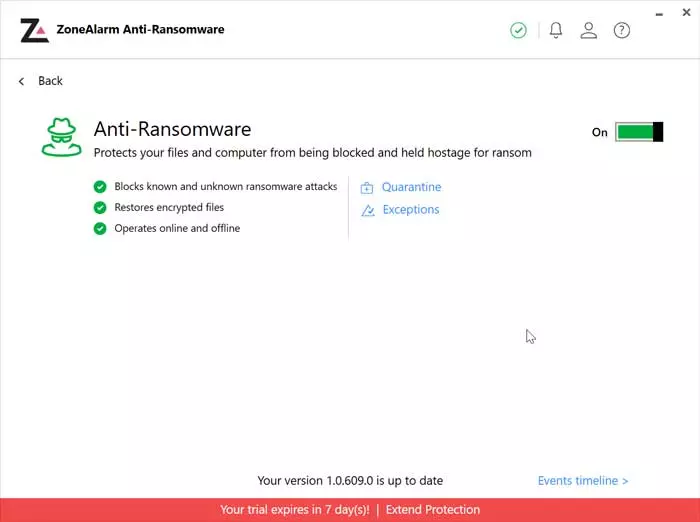 ZoneAlarm Anti-Ransomware ප්‍රති-ransomware මෙනුව