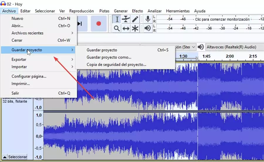 audacity save project as