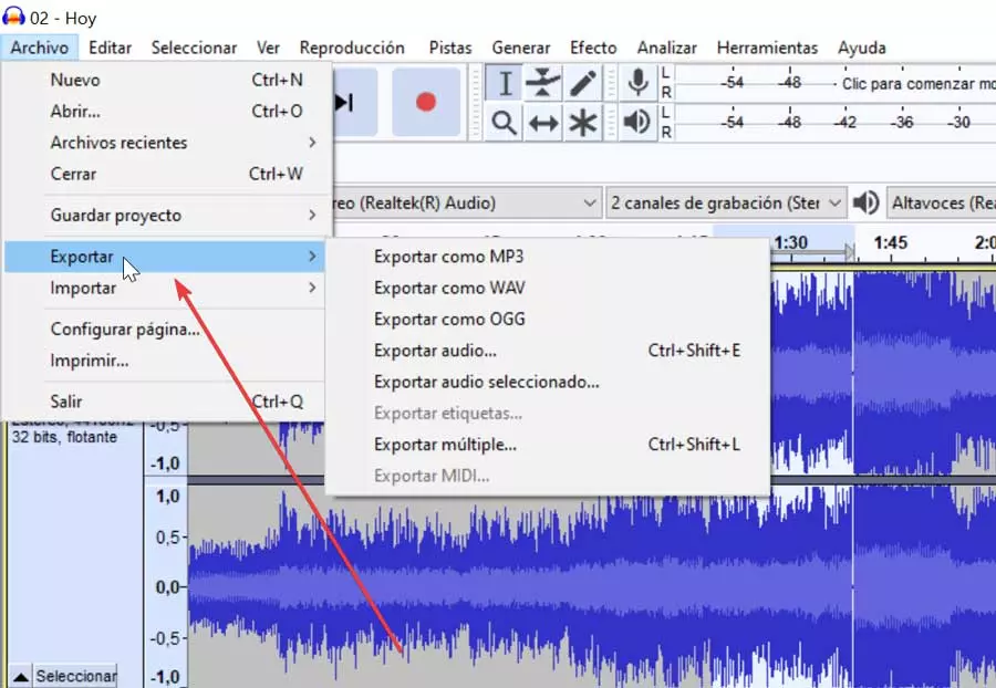 Audacity exportar arxiu àudio